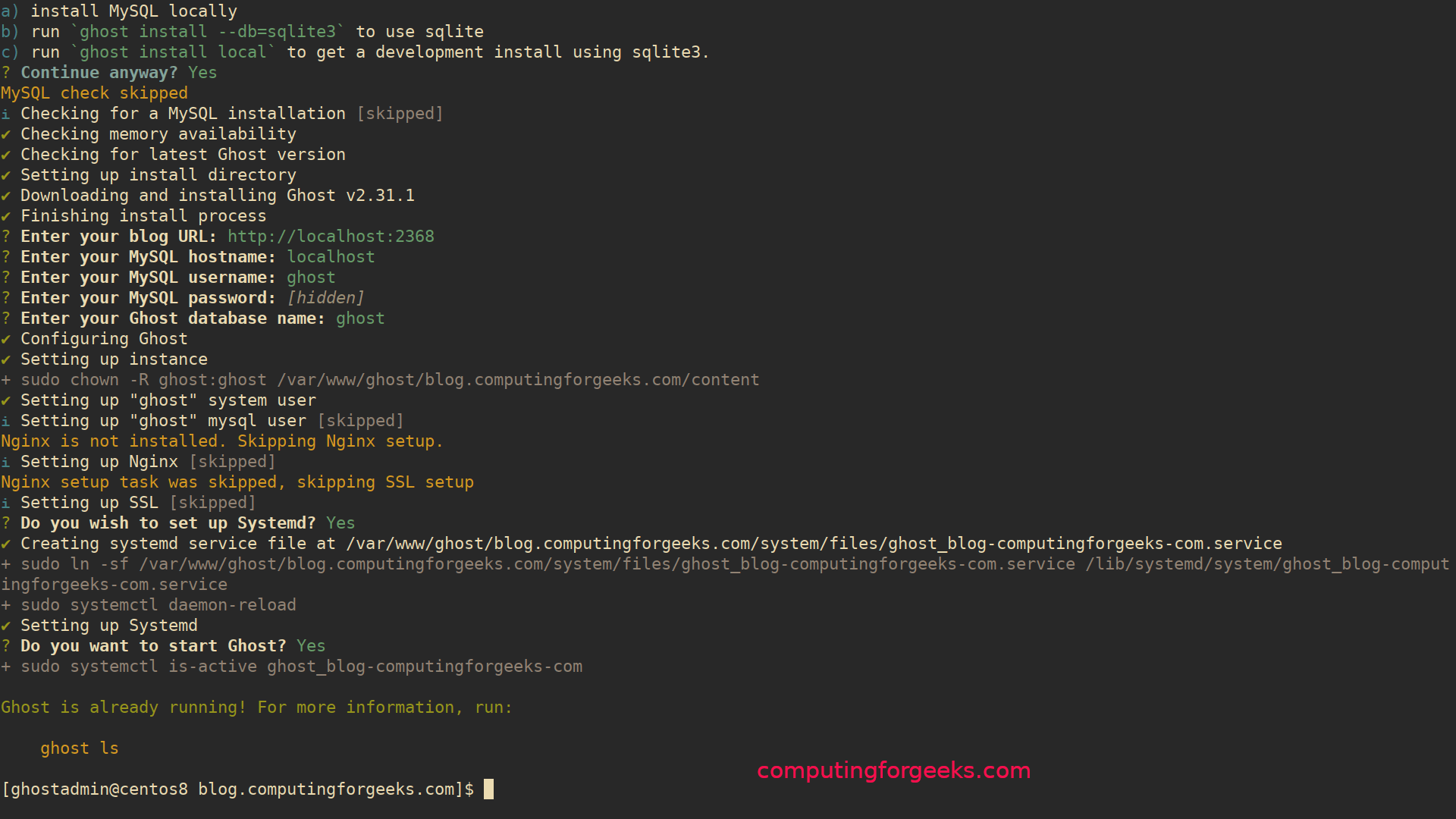 Install And Configure Ghost Cms On Centos 8 Rhel 8 Computingforgeeks 