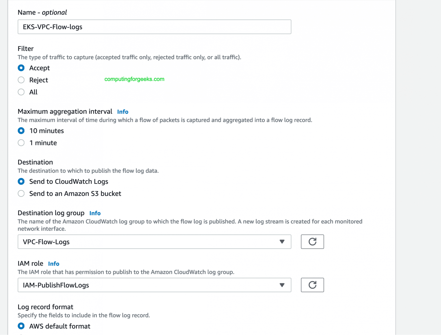 Configure AWS VPC Flow logs to CloudWatch Log group | ComputingForGeeks