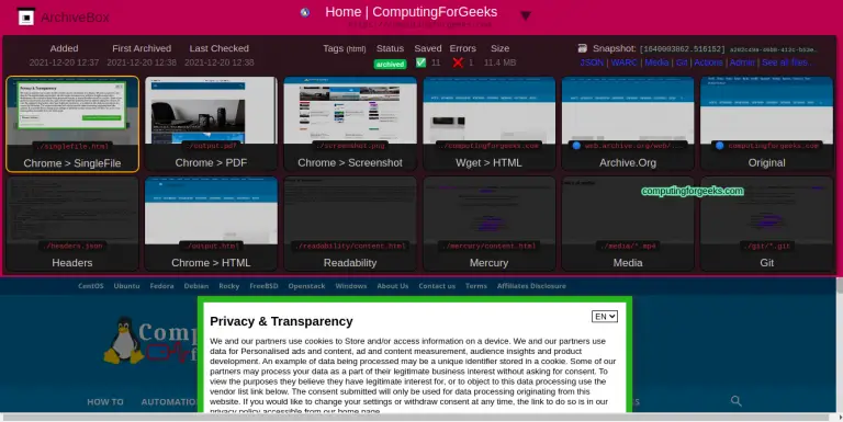 Install and use ArchiveBox self-hosted internet archiving | ComputingForGeeks