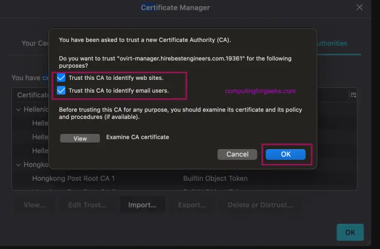 Configuring oVirt / RHEV Manager Certificate Security on browser | ComputingForGeeks