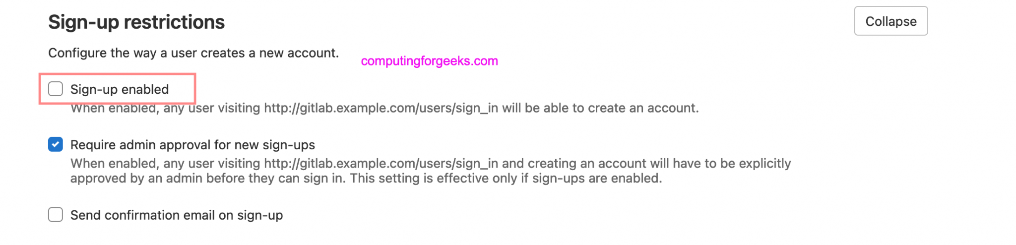 Disable User Creation (Signup) on GitLab welcome page | ComputingForGeeks