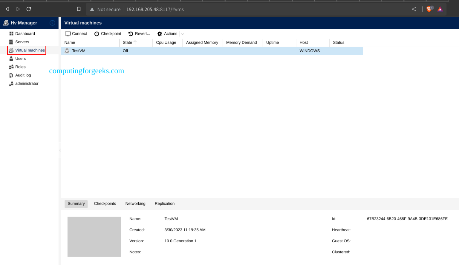 Manage Hyper-V VMs using Hyper-V Manager Web Interface