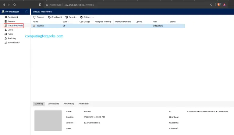 Manage Hyper-V VMs using Hyper-V Manager Web Interface