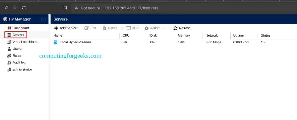 Manage Hyper-V VMs using Hyper-V Manager Web Interface