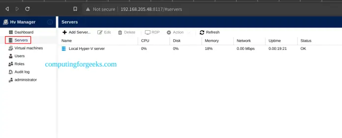 Manage Hyper-V VMs using Hyper-V Manager Web Interface