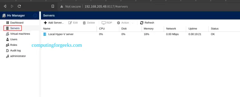 Manage Hyper-V VMs using Hyper-V Manager Web Interface