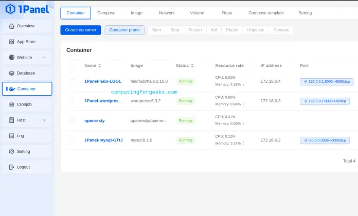 1Panel - Best Web Dashboard to Manage Linux server | ComputingForGeeks