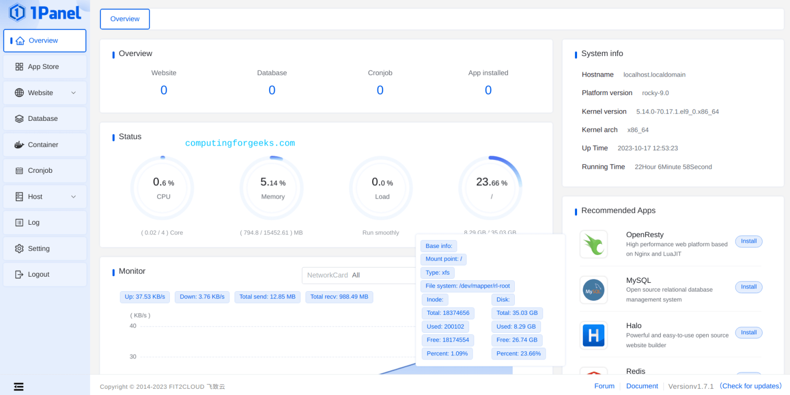 1Panel - Best Web Dashboard to Manage Linux server | ComputingForGeeks