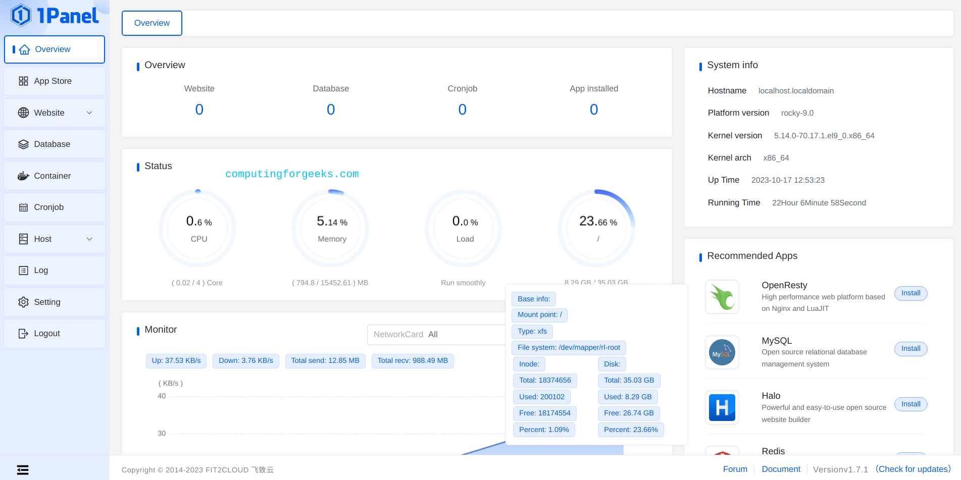 1Panel - Best Web Dashboard to Manage Linux server | ComputingForGeeks