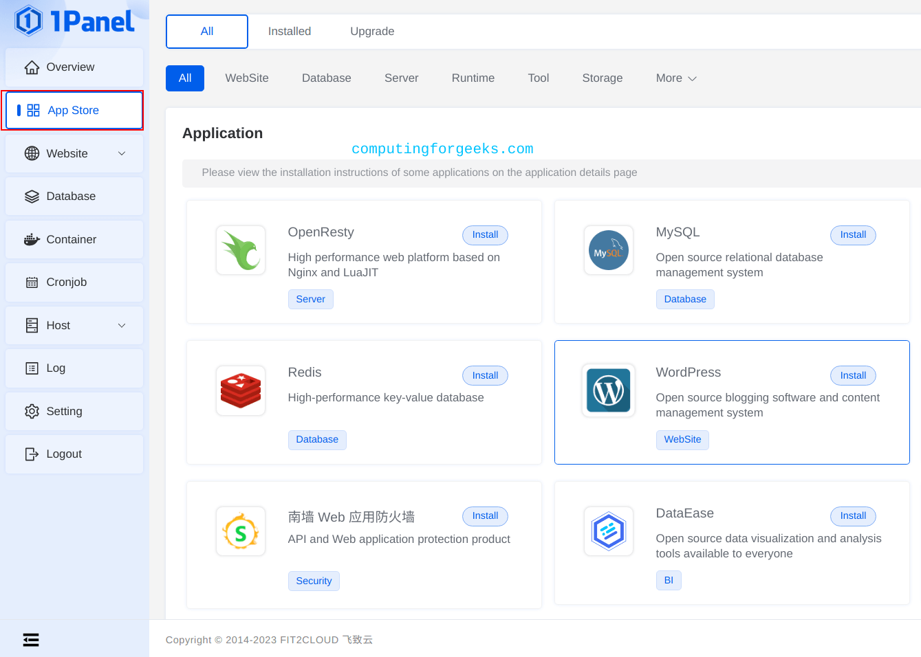 1Panel - Best Web Dashboard to Manage Linux server | ComputingForGeeks