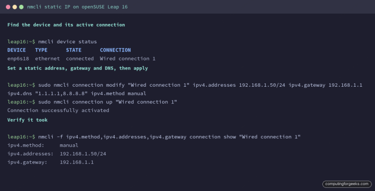 Static IP on openSUSE Leap 16 with nmcli | ComputingForGeeks
